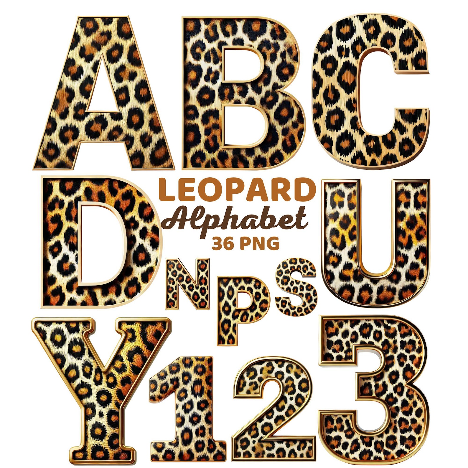 Leopard Alphabet Clipart, Animal Print Cheetah Letters and Numbers PNG ...