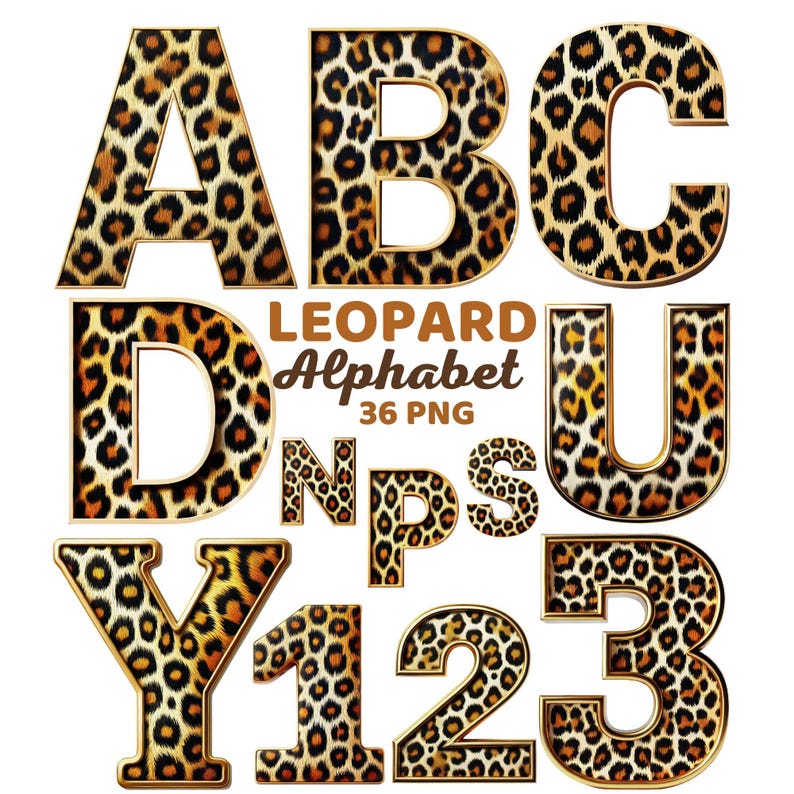 Leopard Alphabet Clipart, Animal Print Cheetah Letters and Numbers PNG ...