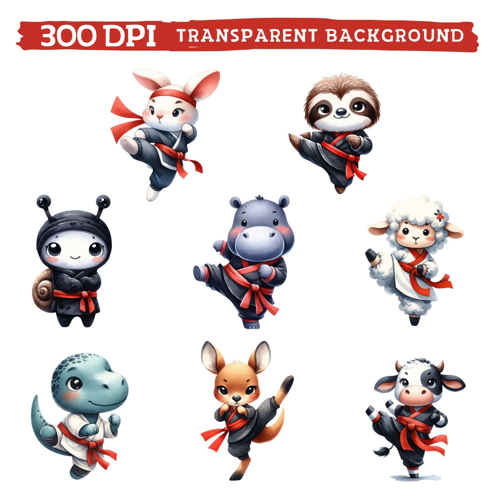 Watercolor Cute Ninja Animals Clipart, Ninja Animal Nursery, Ninja ...