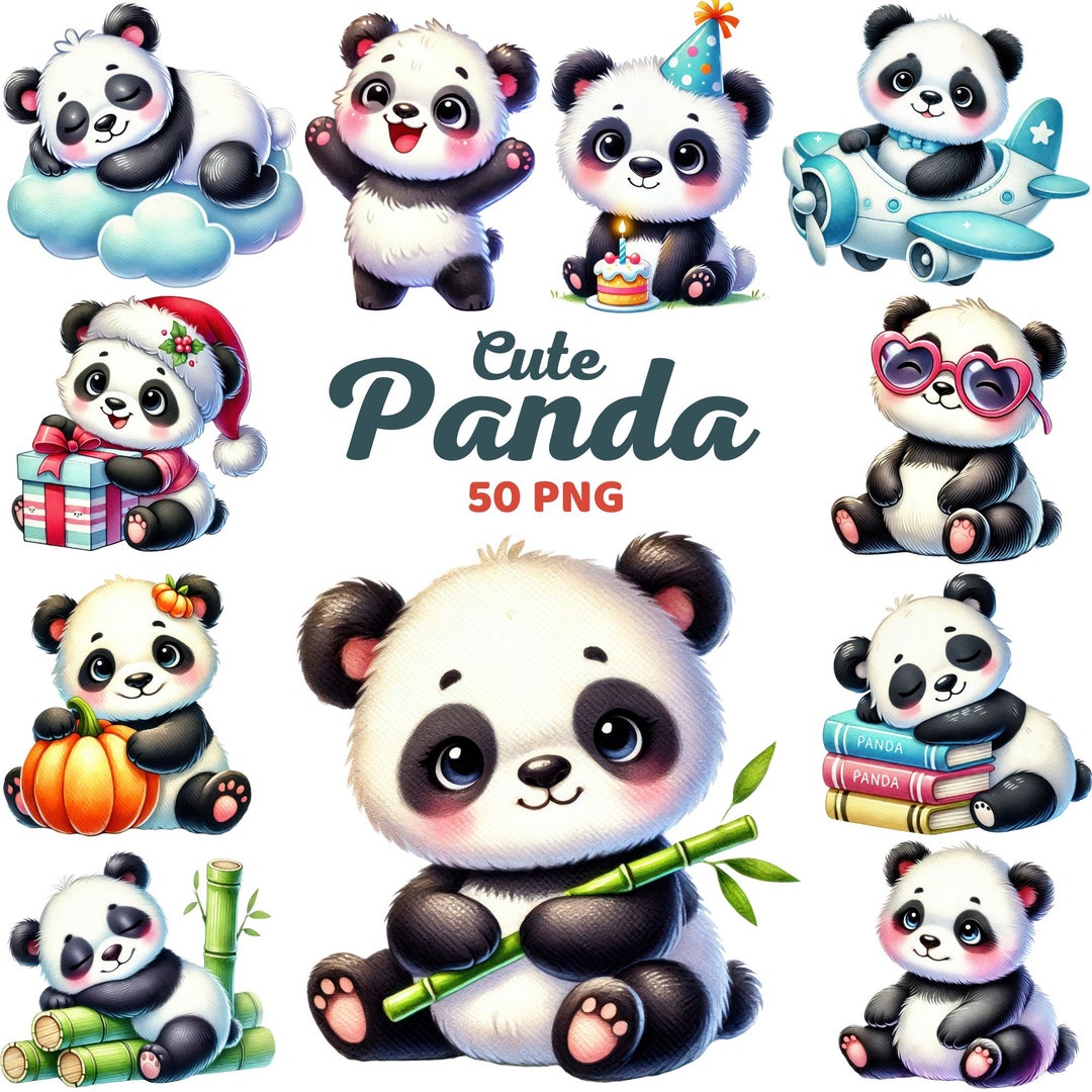 Cute Panda Clipart, Watercolor Animal Nursery, Baby Panda With Bamboo ...