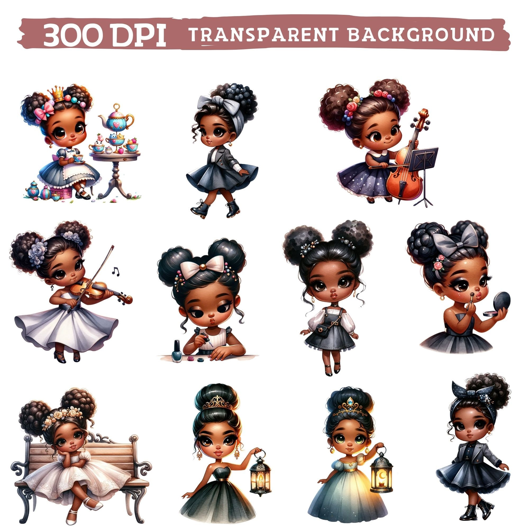Watercolor Cute African American Princess Clipart, Black Princess Party ...