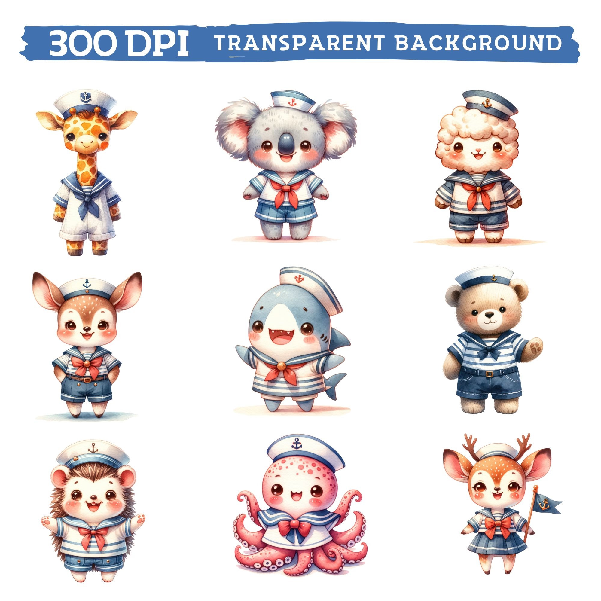 Watercolor Cute Sailor Animals Clipart, Sailor Baby Animal Nursery ...