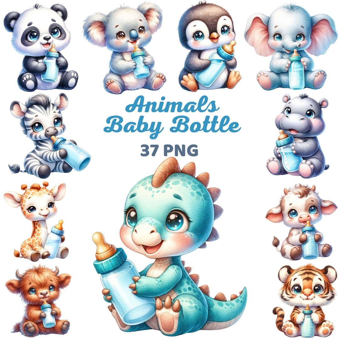 Cute Baby Animals With Blue Baby Bottle Clipart, Watercolor Animal ...