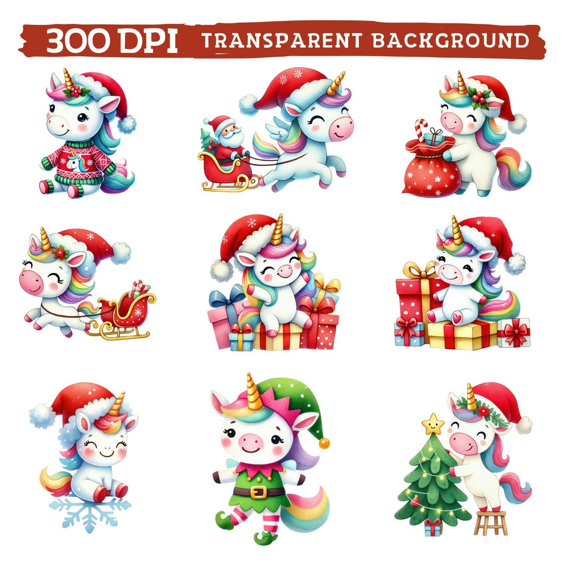 Christmas Unicorn Clipart, Watercolor Cute Holiday Unicorns, Festive ...