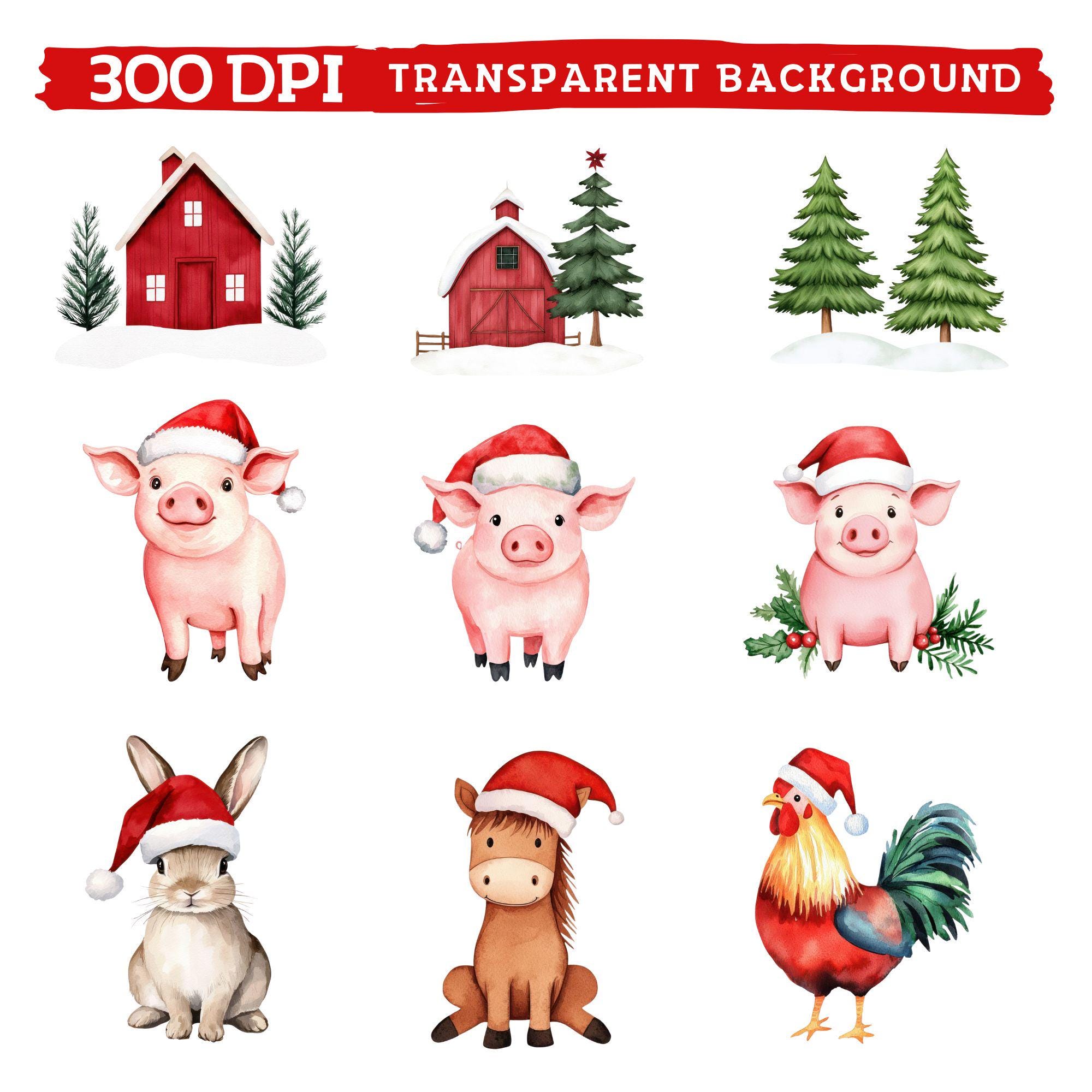 Cute Christmas Farm Clipart, Watercolor Cozy Christmas Farm Animals ...