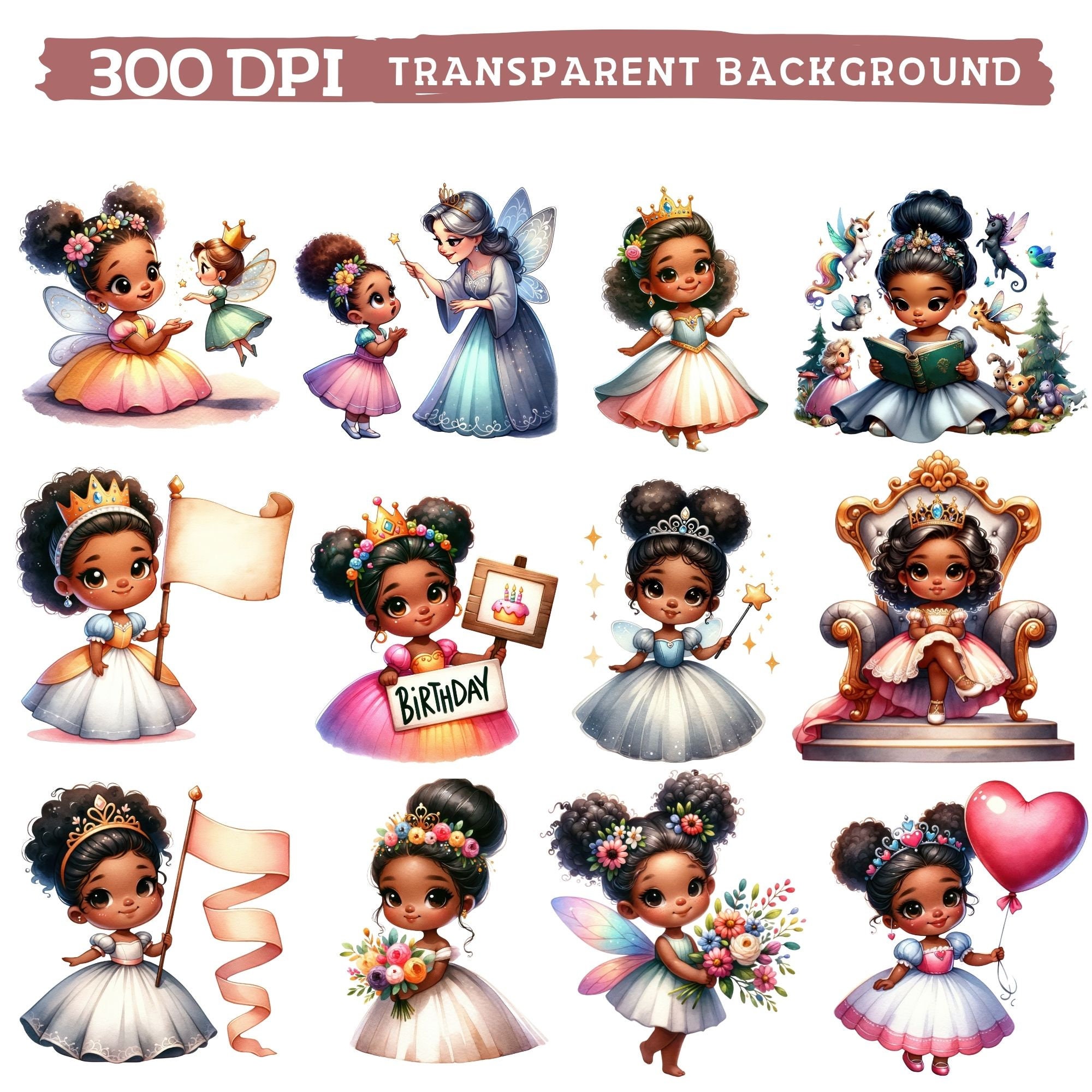 Watercolor Cute African American Princess Clipart, Black Princess Party ...