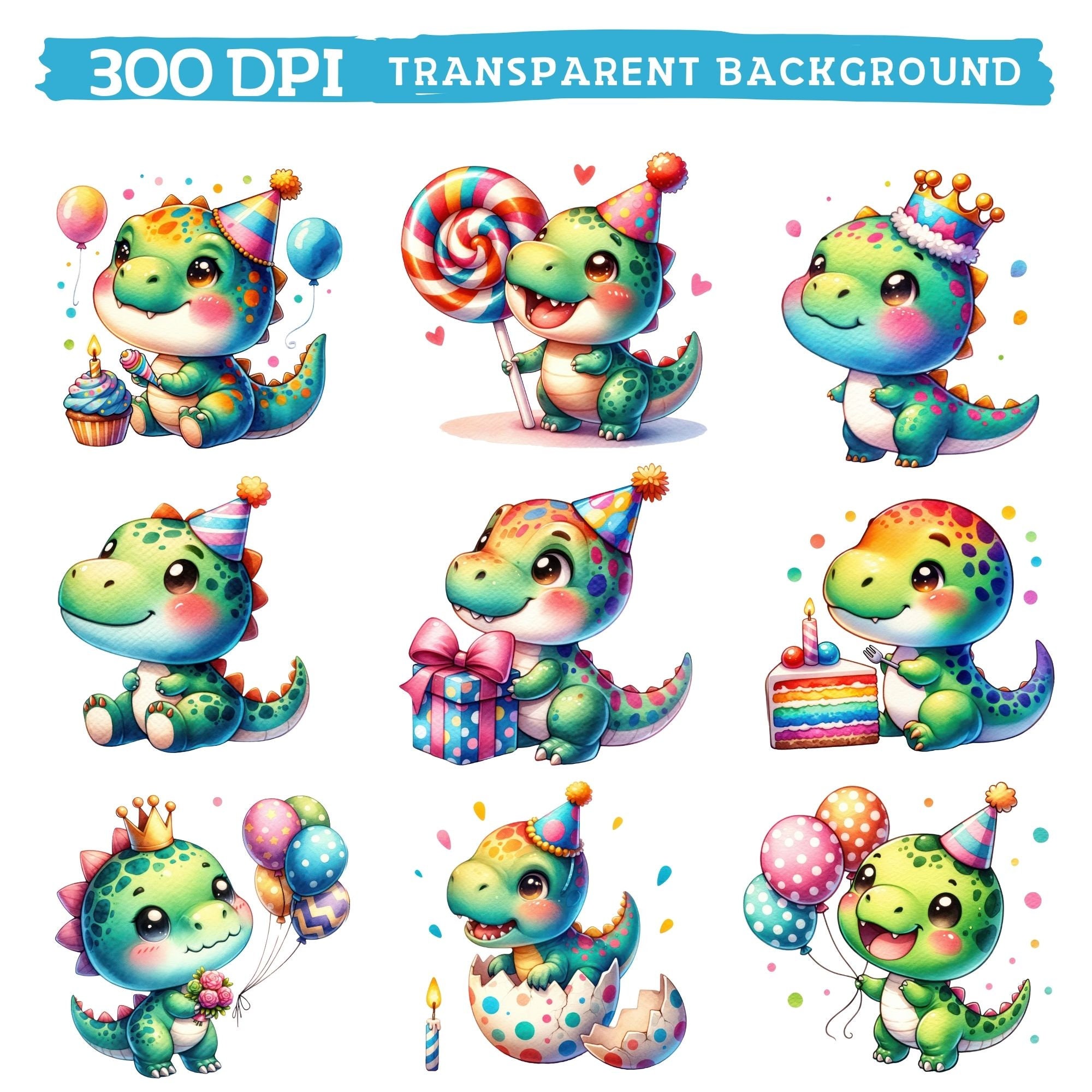 Watercolor Cute Dinosaur Birthday Clipart, Dinosaur Nursery Png, T-rex ...