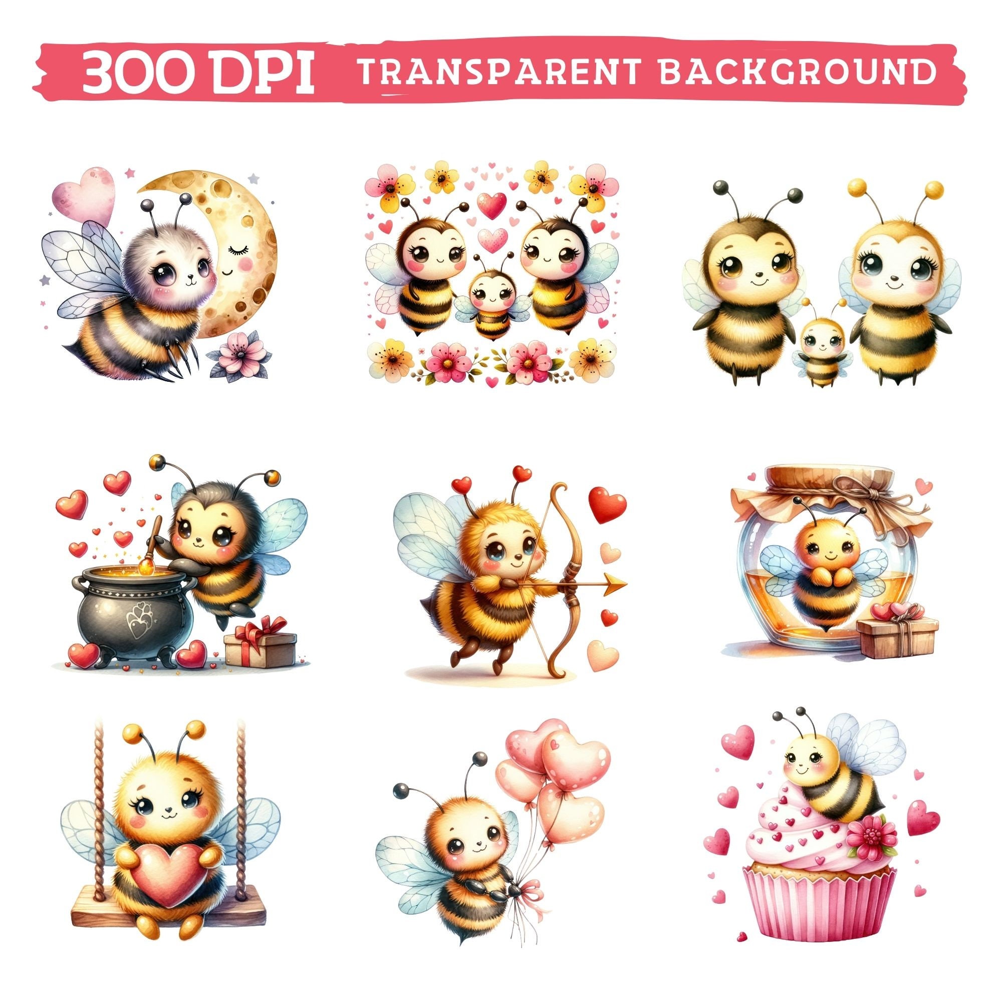 Watercolor Bees Valentine Clipart Png, Bees Valentine, Love Bee Clipart ...