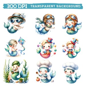 Adorable Merman Clipart Bundle, Watercolor Kid-friendly Mermaid Nursery ...