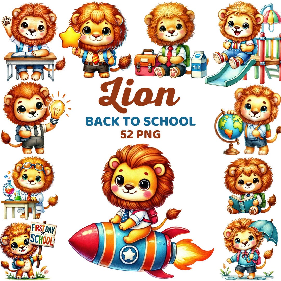 Lion Back to School Clipart, Watercolor Cute Classroom Nursery, Student ...