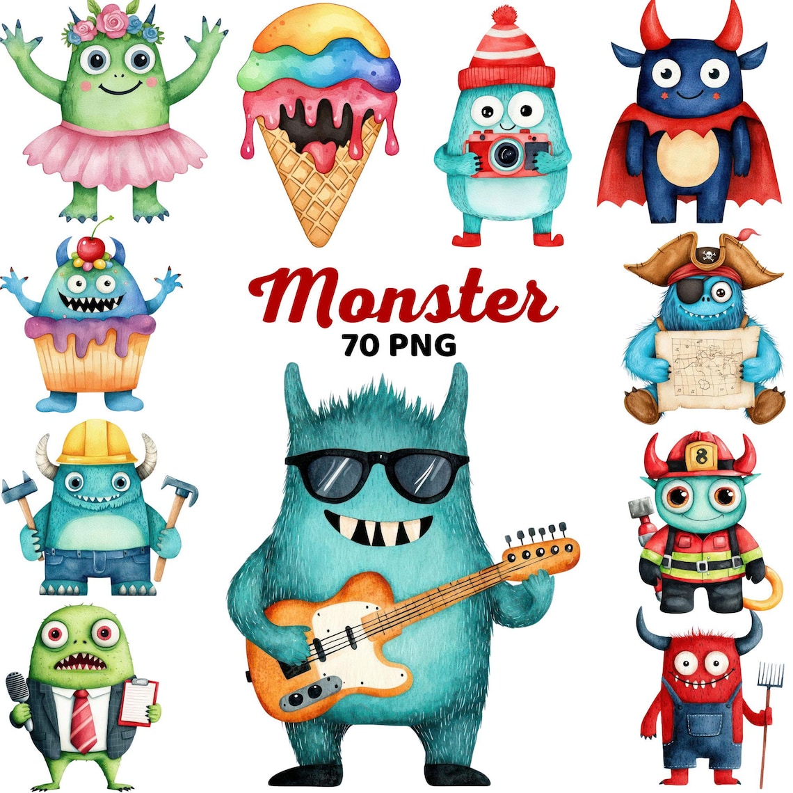 Cute Monster Clipart, Fantasy Creatures, Children Spooky, Watercolor ...