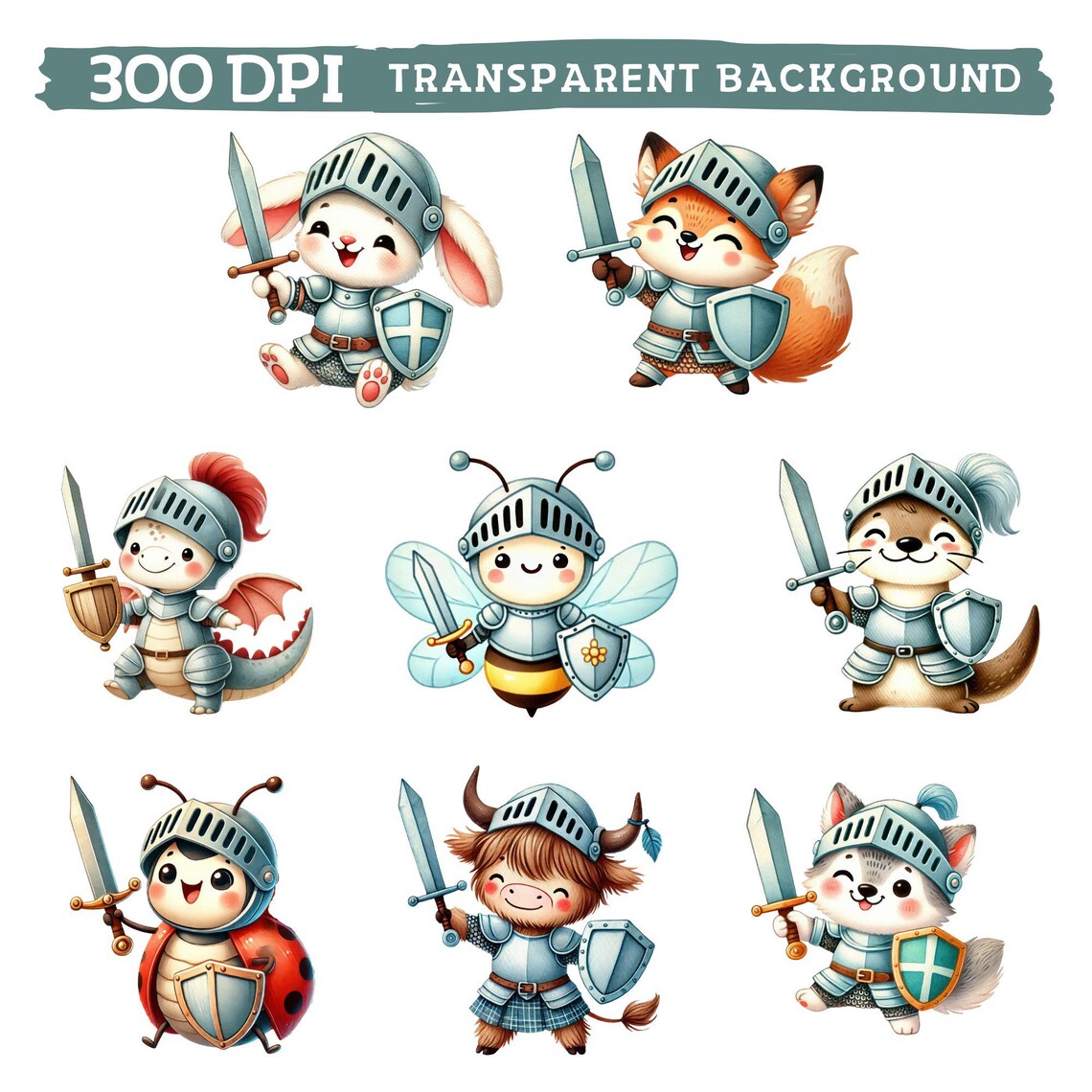 Knight Animals Clipart, Watercolor Cute Medieval Animal Nursery Decor ...