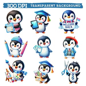 Penguin Back to School Clipart, Watercolor Cute Teacher Student Animal ...