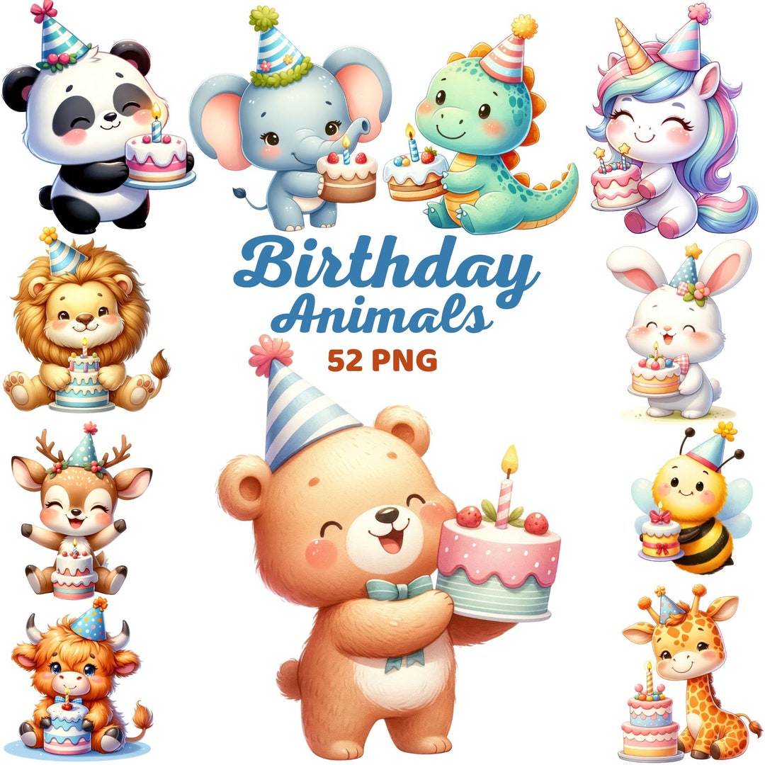 Birthday Animals Clipart, Watercolor Cute Animal Party Nursery ...