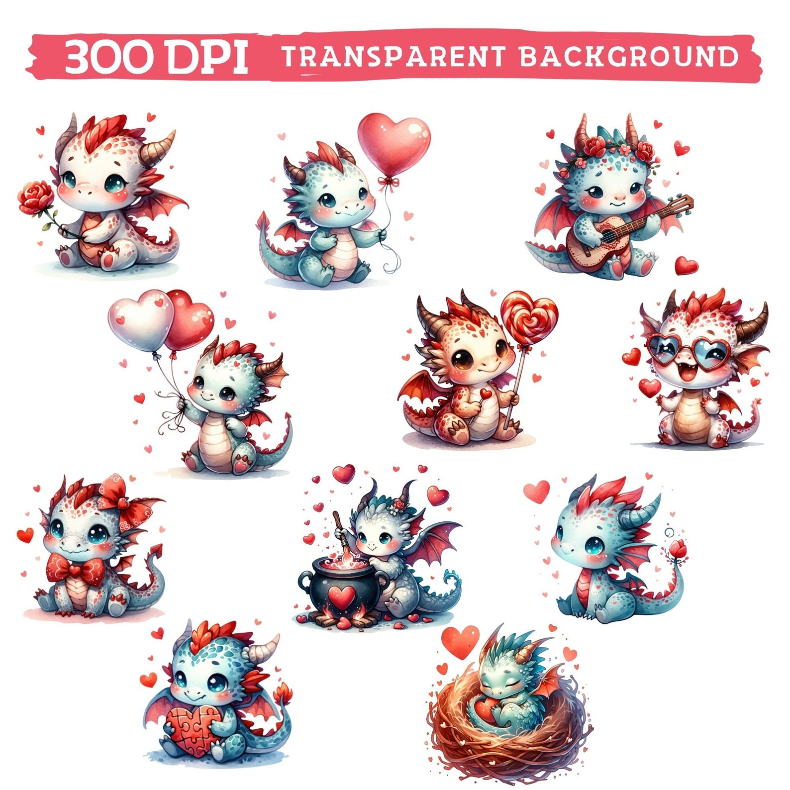 Watercolor Dragon Valentine Clipart Png, Kids Valentine Day, Valentine ...