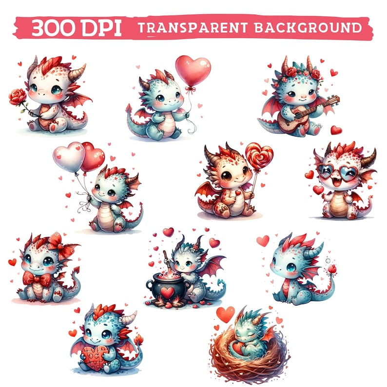 Watercolor Dragon Valentine Clipart Png, Kids Valentine Day, Valentine ...