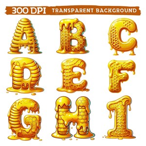 Honey Beehive Alphabet Clipart, Watercolor Dripping Honey Letters ...