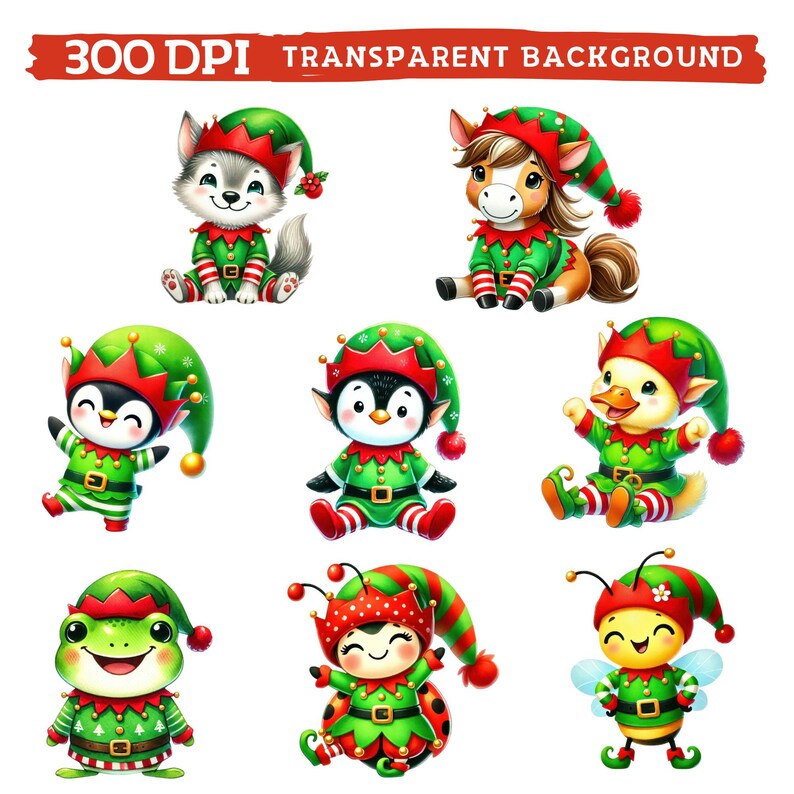 Elf Animals Clipart, Watercolor Cute Festive Xmas Nursery Decor ...