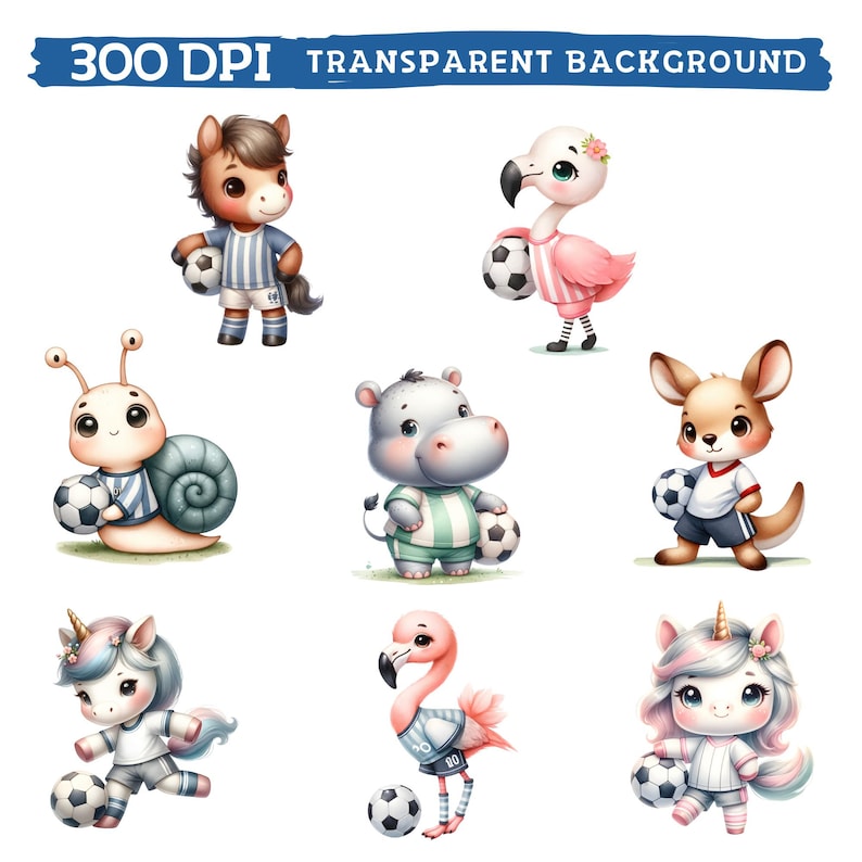 Soccer Animals Clipart, Watercolor Cute Cartoon Sports Nursery ...