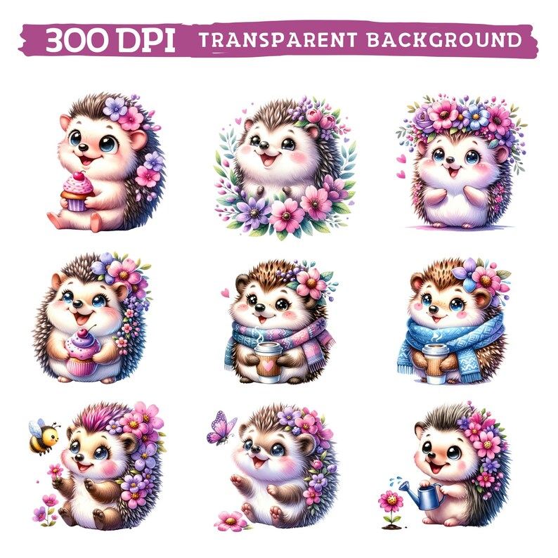 Watercolor Cute Hedgehog Clipart, Spring Summer Hedgehog With Floral ...