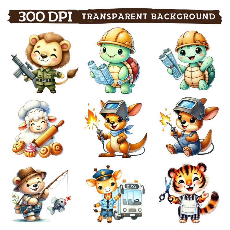 Labor Day Animals Clipart, Watercolor Cute Animal Workers, Occupation ...
