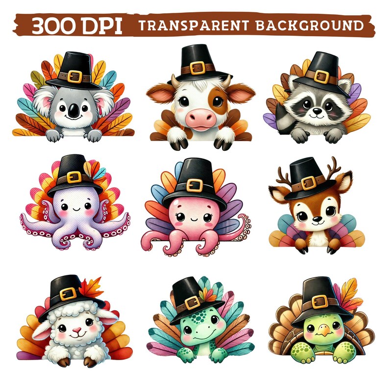 Peeking Thanksgiving Animals Clipart, Watercolor Cute Pilgrim Fall ...