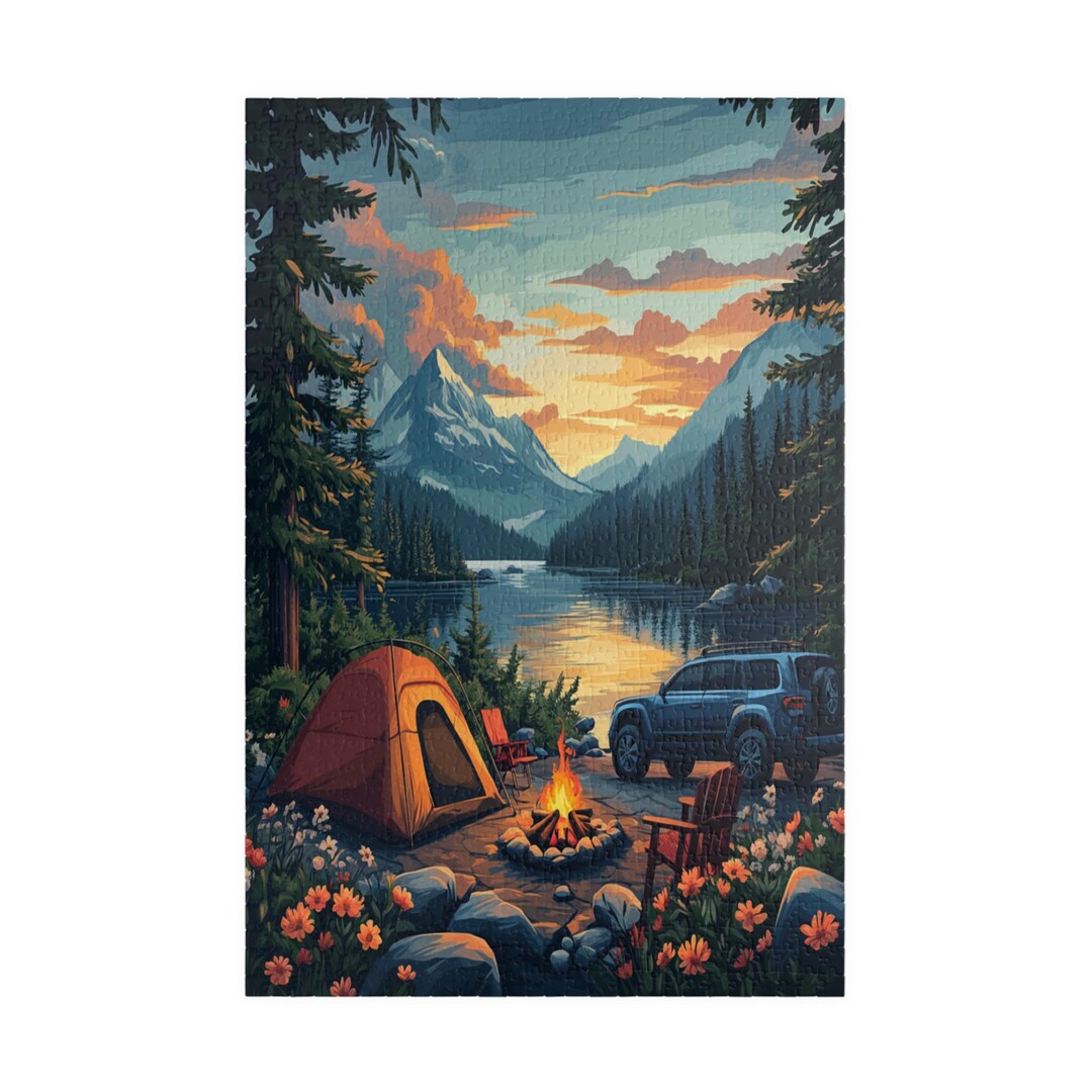 Cozy Camping Jigsaw Puzzle: Mountain Lake Sunset Scene - Etsy