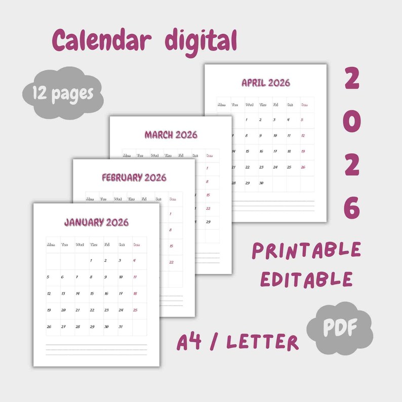 2026 Calendar Printable, Editable Monthly Planner, PDF Canva Template ...