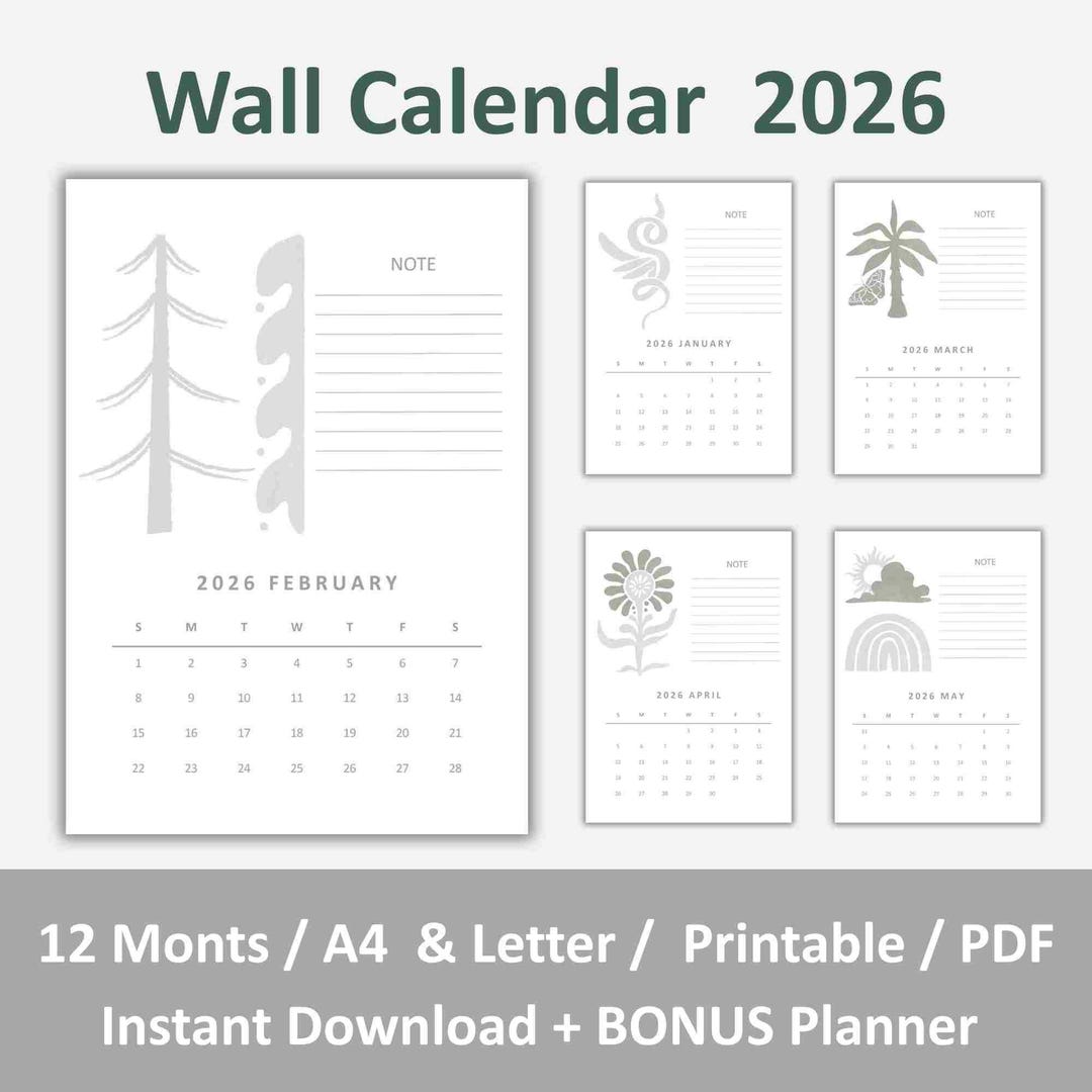 2026 Minimalist Wall Calendar Printable + Bonus Planner | A4 & US ...
