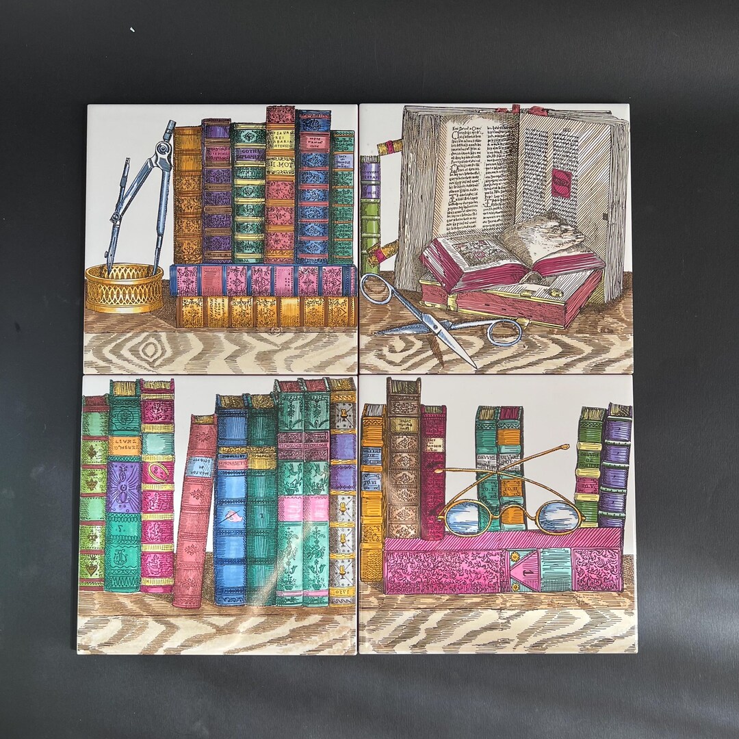 Set of 4 Fornasetti “bookcase” Ceramic Tiles – Vintage Italian Design ...