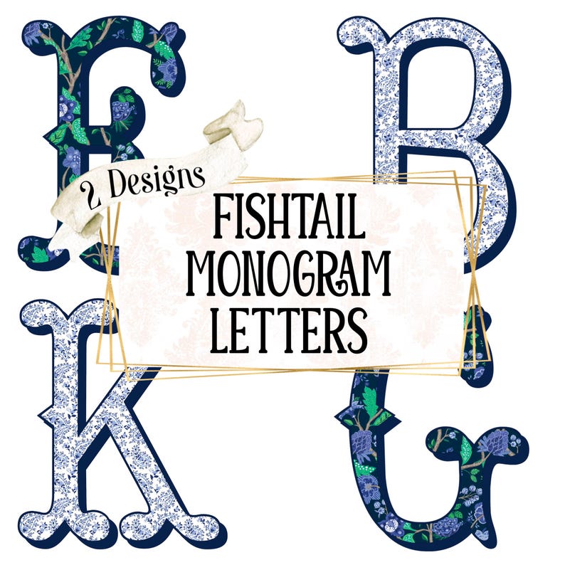 Monogram Letters, Fishtail Font, Alphabet, Initials, PNG, Preppy Stuff ...