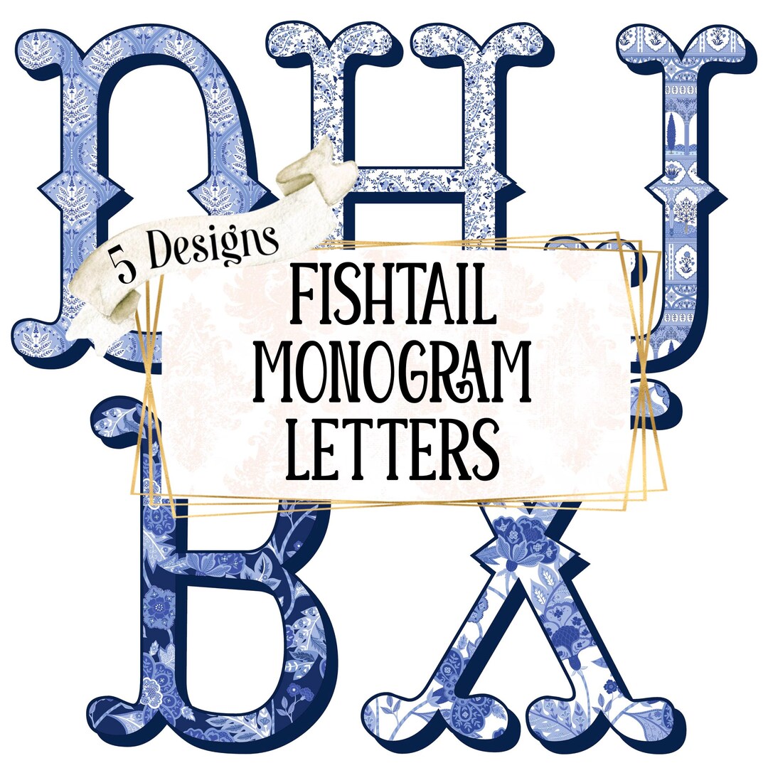Monogram Letters, Fishtail Font, Alphabet, Initials, PNG, Preppy Stuff ...