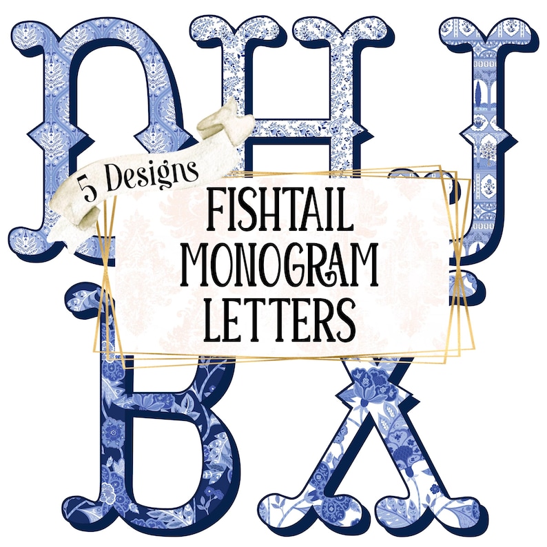 Monogram Letters, Fishtail Font, Alphabet, Initials, PNG, Preppy Stuff ...