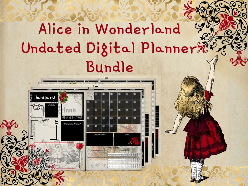 Undated Annual Digital Planner Bundle - Alice in Wonderland Vintage ...