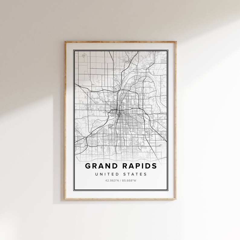 Grand Rapids Map, Modern Home Decor, Travel Gifts, Maps, Black and ...