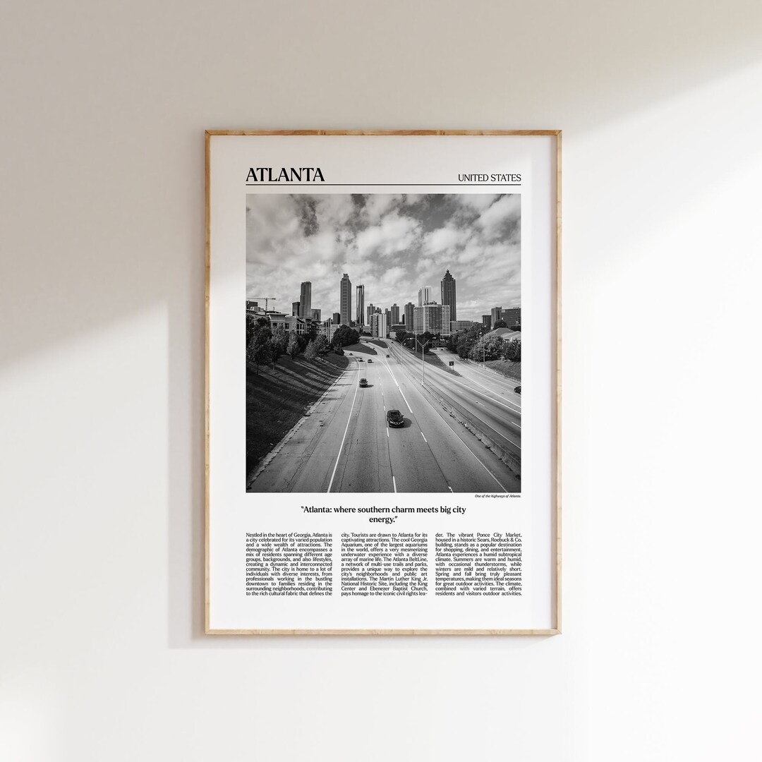 Atlanta Poster, Newspaper Style, Black and White Print, Printable Wall ...