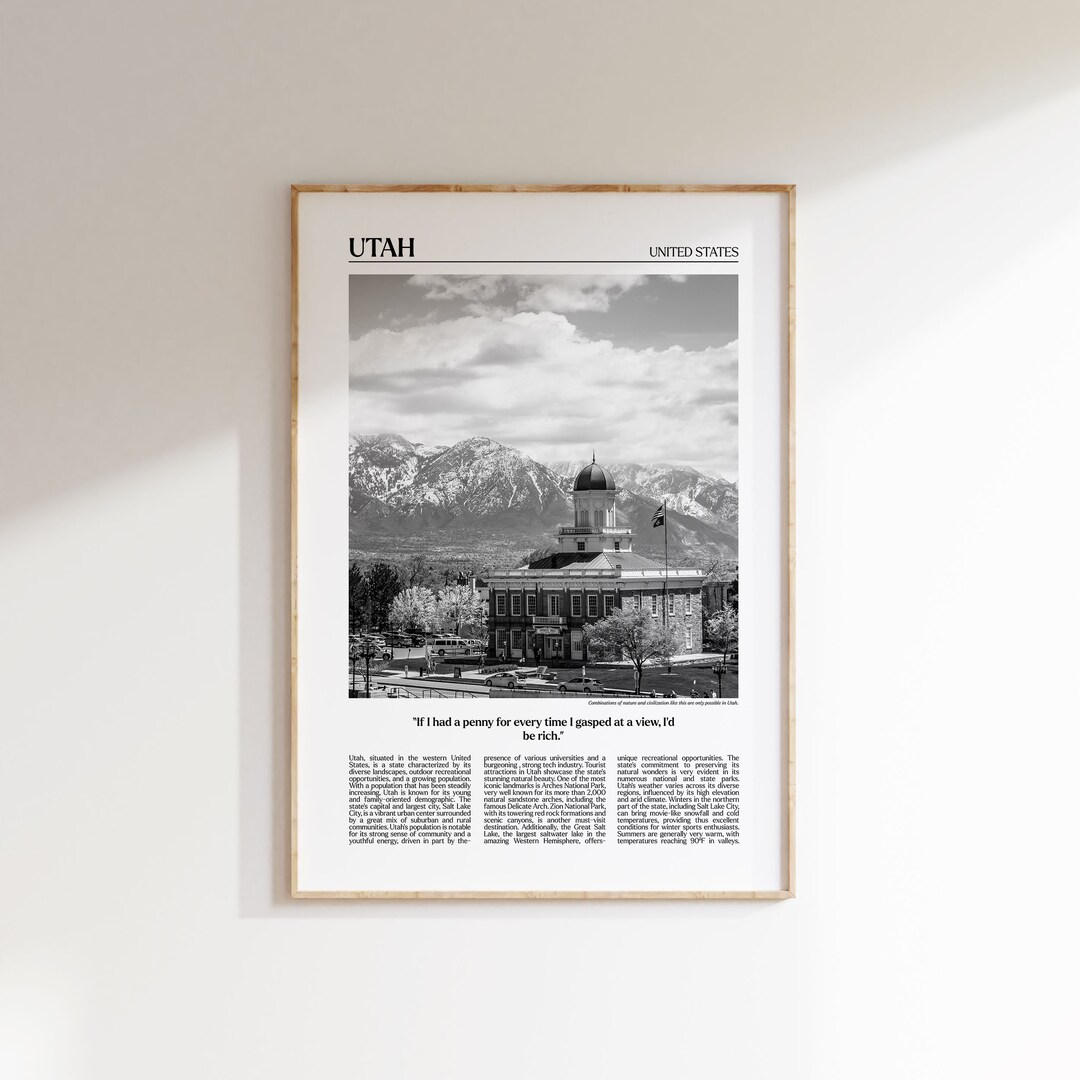 Utah Poster, Newspaper Style, Black and White Print, Printable Wall Art ...