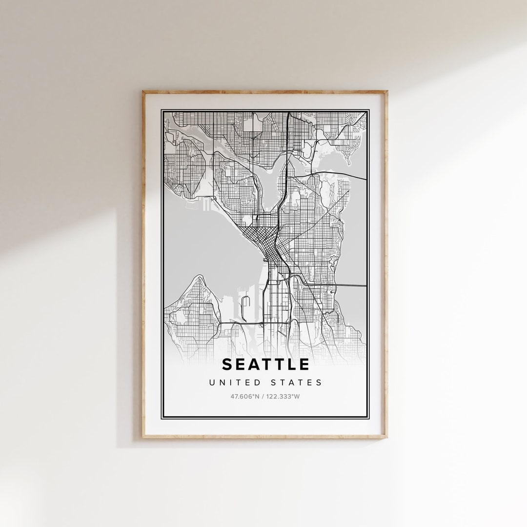 Seattle Map Art Print: Black and White Minimalist Home Decor (digital ...