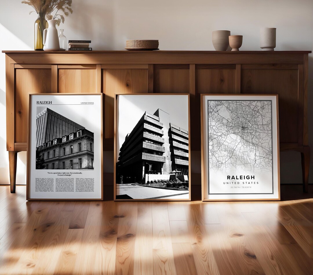 Raleigh Set of 3 Black and White Digital Print, North Carolina Gallery ...