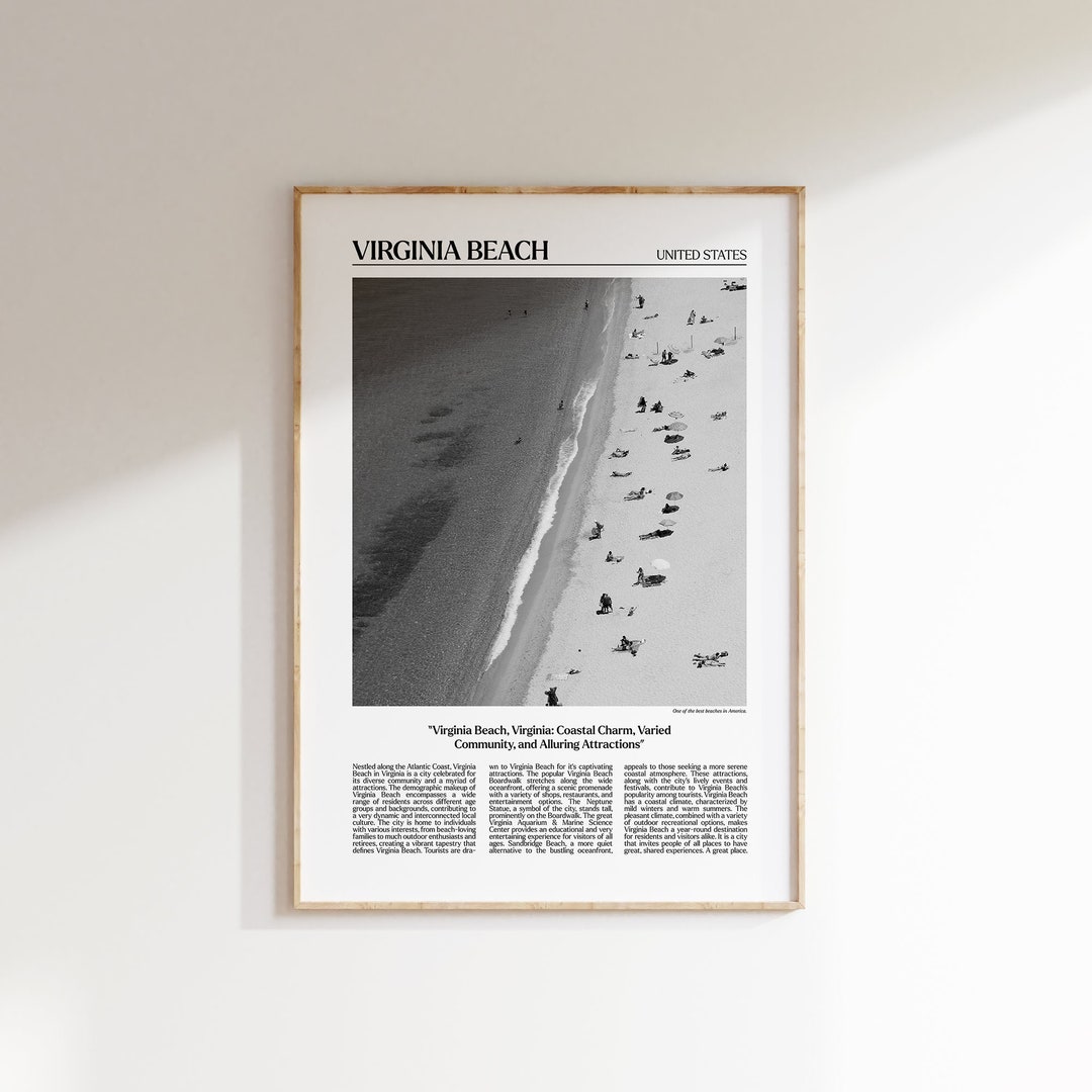 Virginia Beach Print, Newspaper Style, Black and White Print, Printable ...
