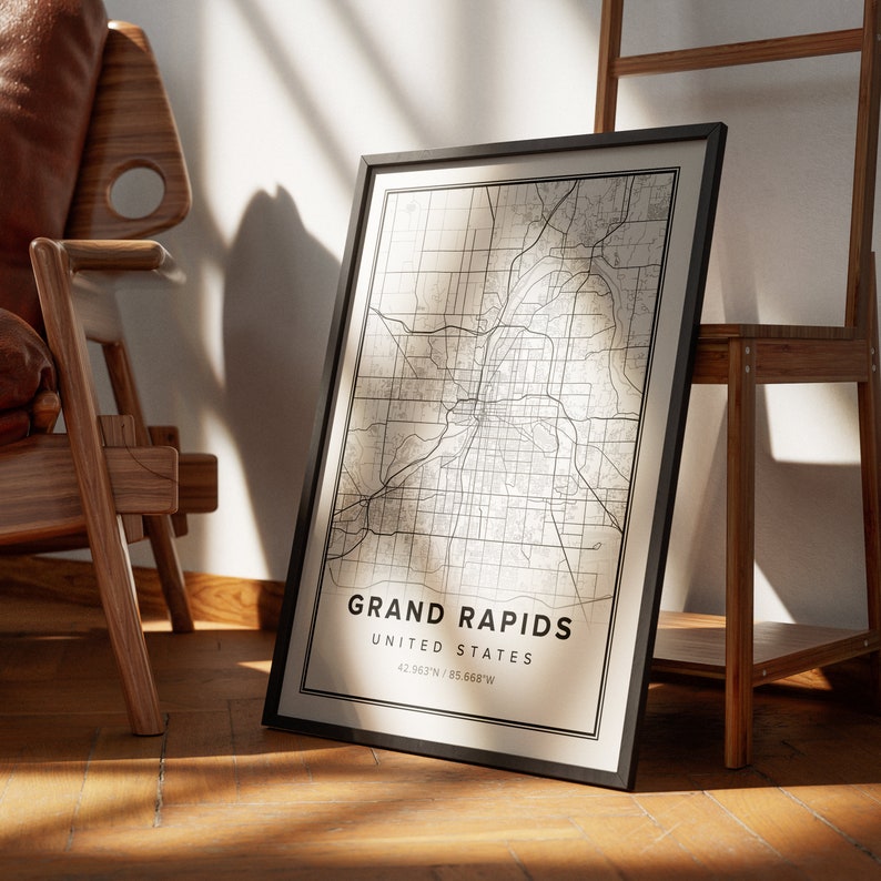 Grand Rapids Map, Modern Home Decor, Travel Gifts, Maps, Black and ...