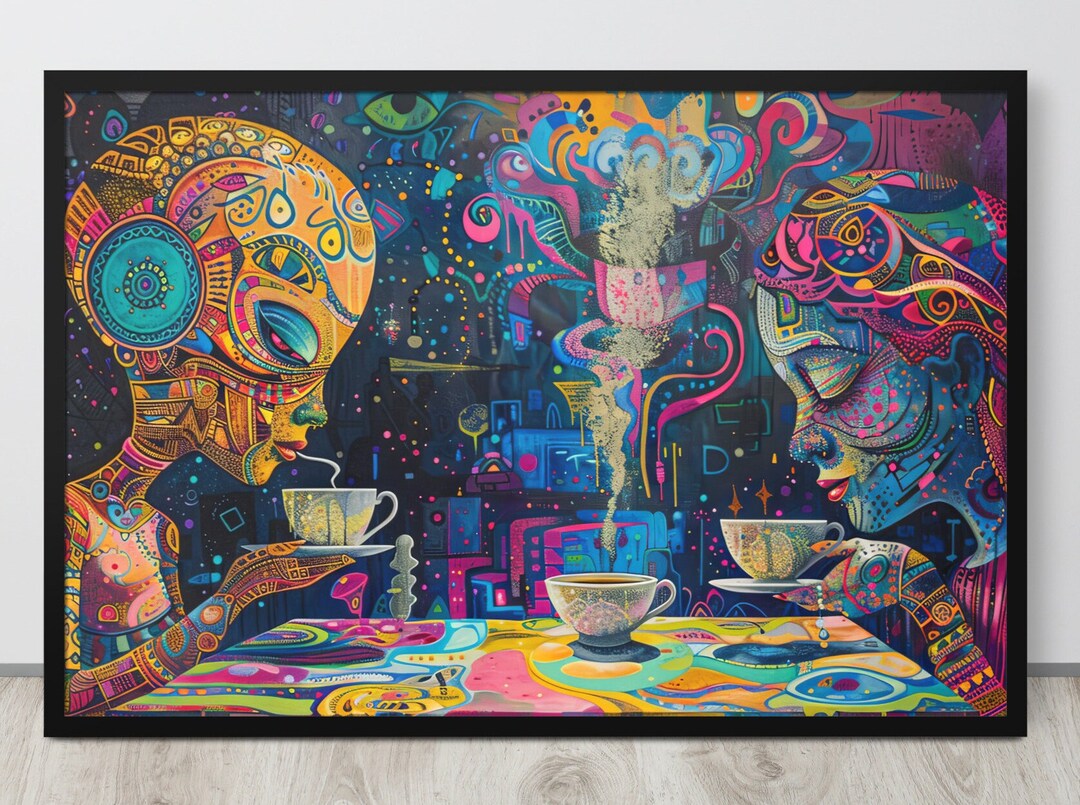 Extraterrestrial Café: Modern Art Aliens Having Coffee Framed Print - Etsy