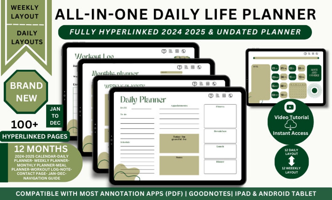 Efficient Digital Journal and Daily Planner | 100 Hyperlinked Pages ...