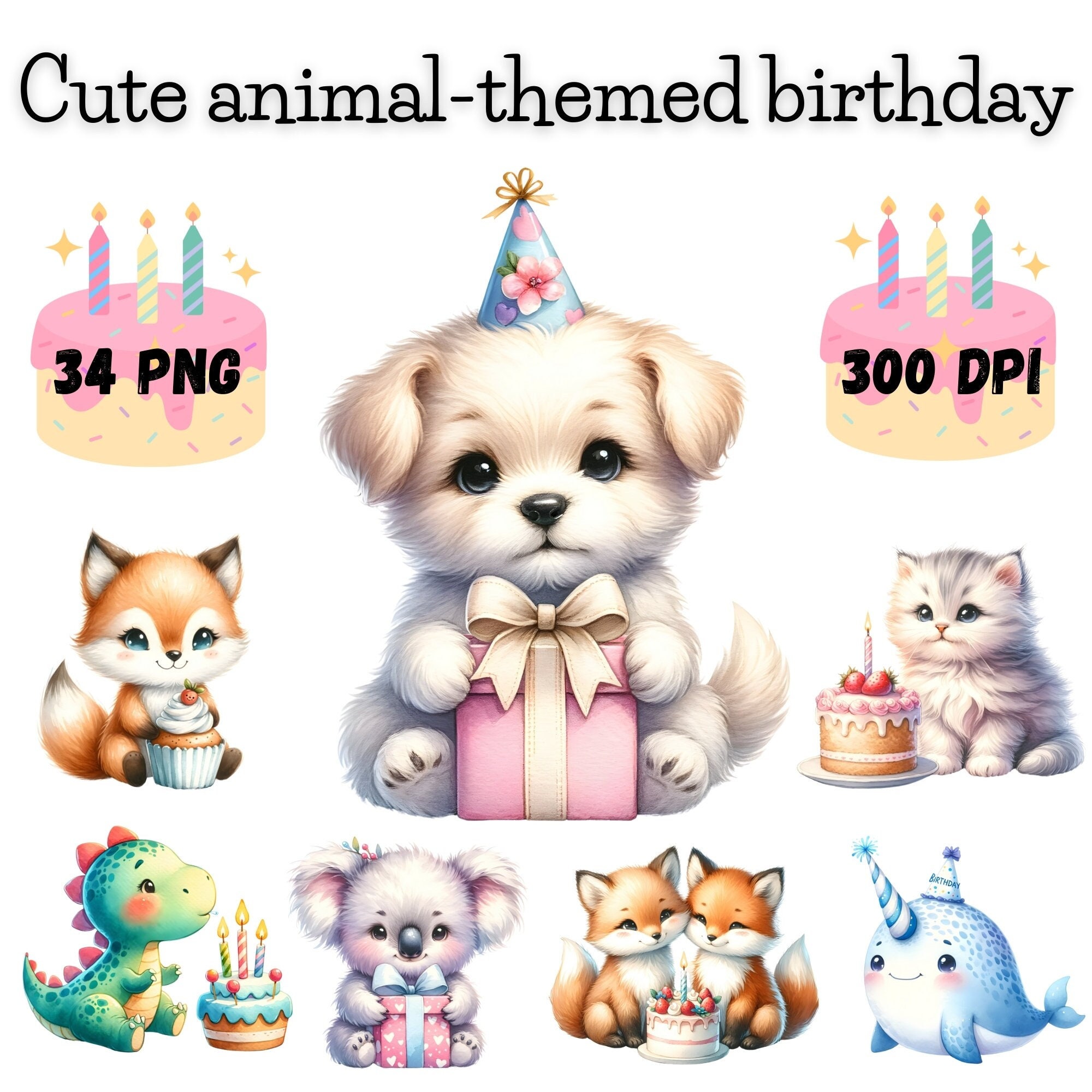 Cute Animal-themed Birthday Clipart, Watercolor Clipart, Cute ...