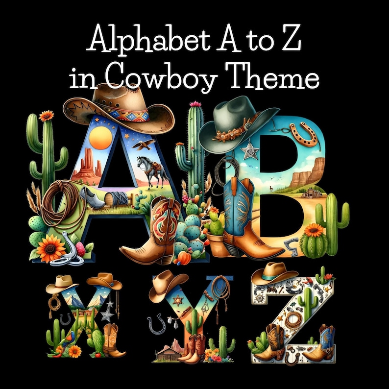 Alphabet A to Z in Cowboy Theme, Watercolor Clipart, Commercial Use - Etsy