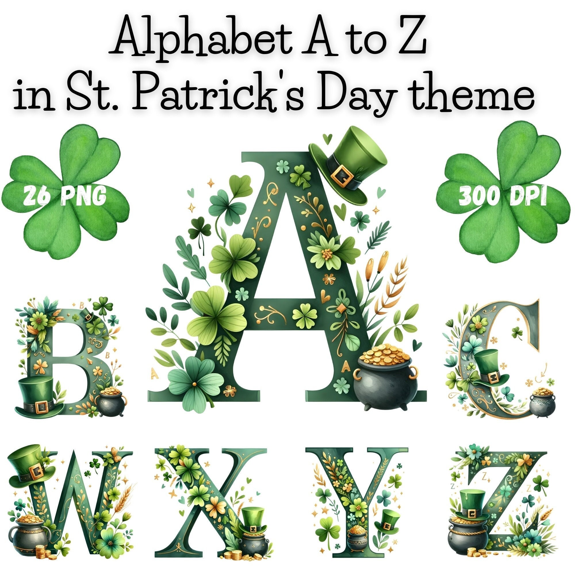 Alphabet A to Z in St. Patrick's Day Theme, Watercolor Clipart, Cute ...