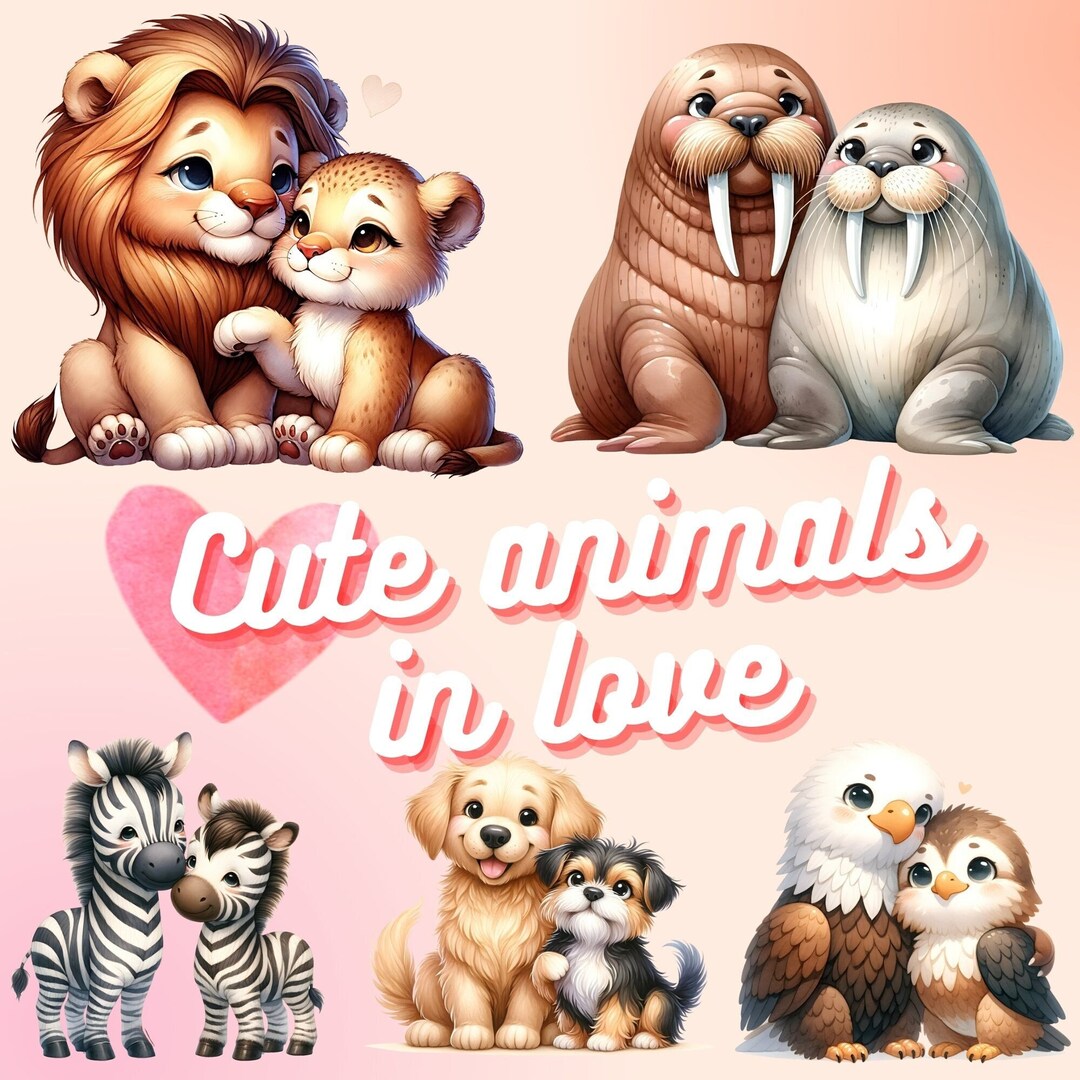 Watercolor Clipart, Cute Animals in Love (PNG File) - Etsy