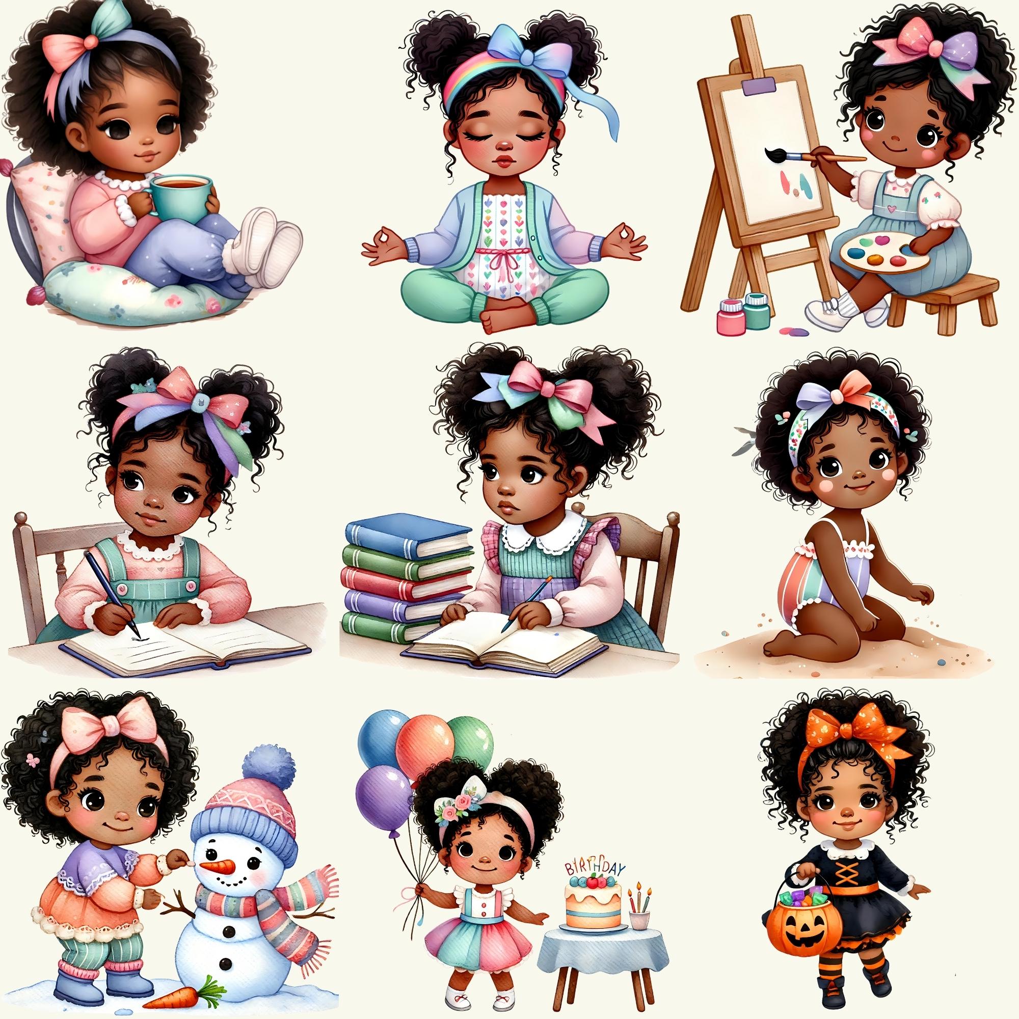 23 PNG, 300 DPI, Black Girl in Activities, Watercolor Clipart, Cute ...