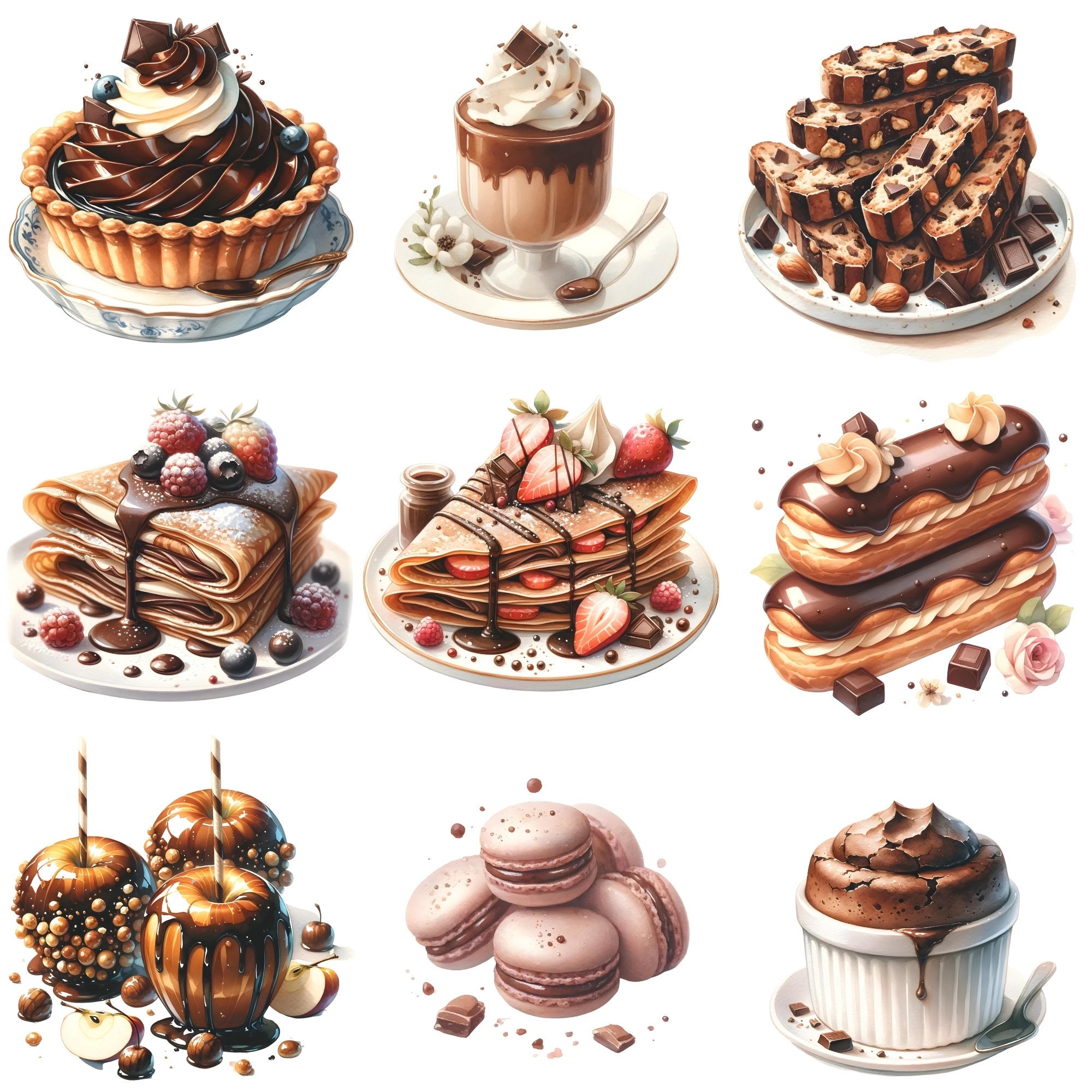 30 PNG, 300 DPI, Chocolate-based Desserts and Drinks, Watercolor ...