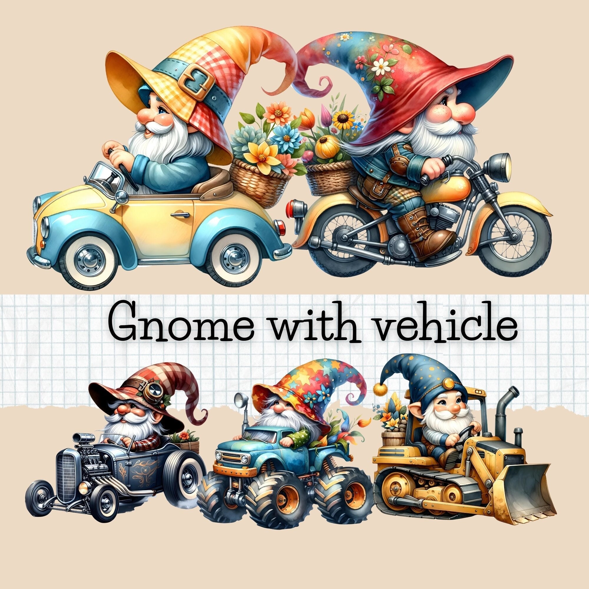 22 PNG, 300 DPI, Gnome With Vehicle, Watercolor Clipart, Commercial Use ...